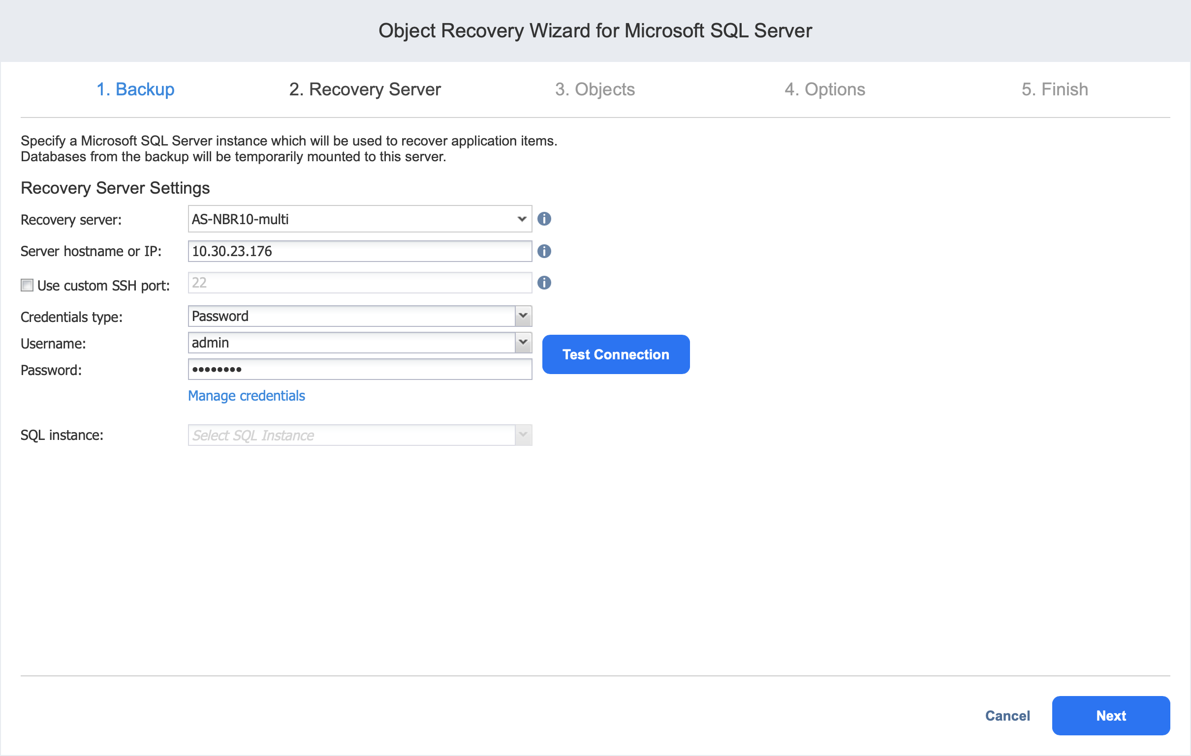 Object Recovery Wizard for Microsoft SQL Server: Recovery Server